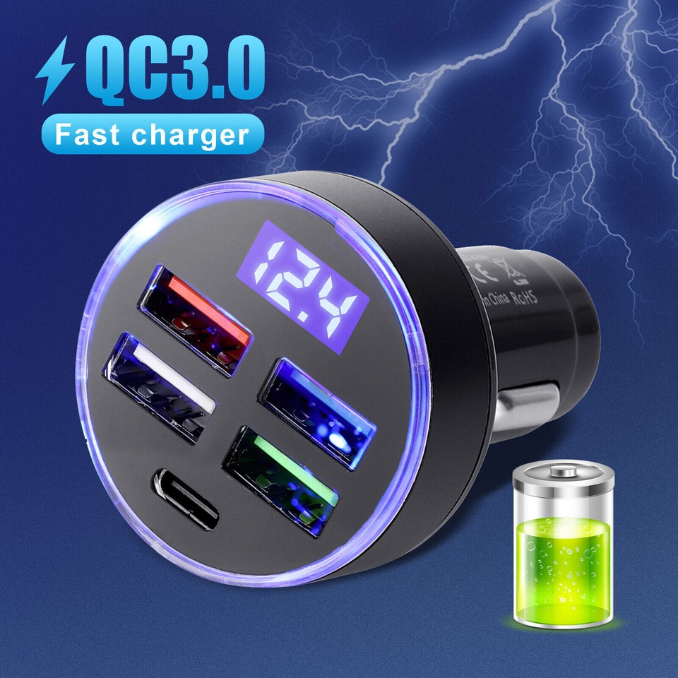 Car Charger LED Cigarette Lighter Socket 4Port USB Super Fast Charging ...