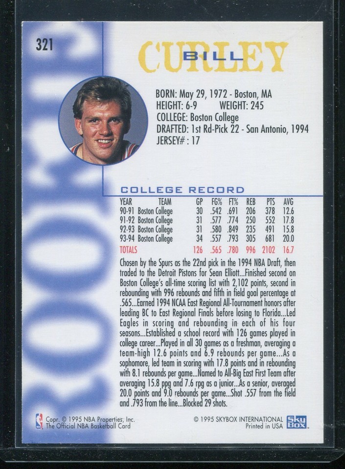 1995 Skybox International Basketball Bill Curley #321 Detroit Tigers ...