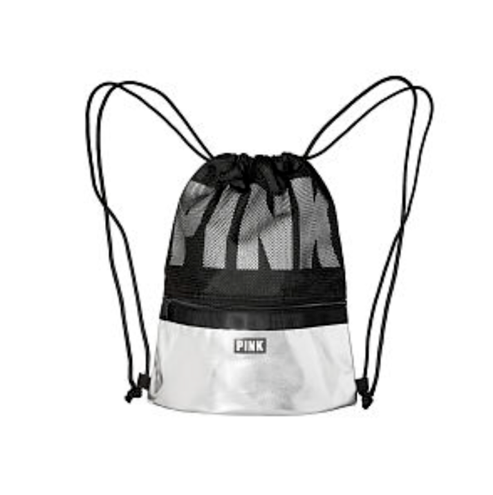 Victoria's Secret PINK Black Silver Mesh Drawstring Bag/Backpack ...