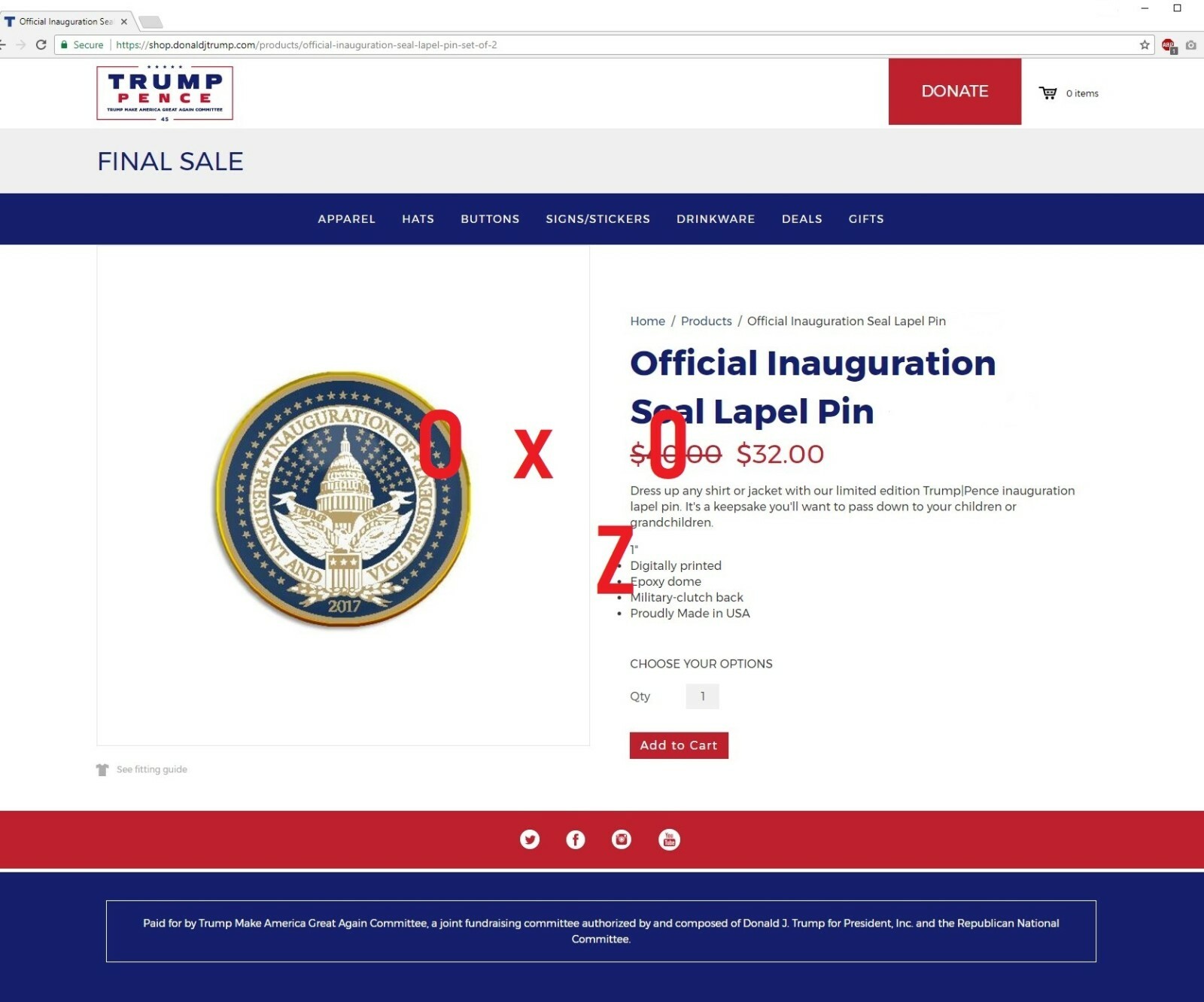 Official Donald Trump 2017 Inaugural Seal Lapel Tie Hat Pin Gold 45 ...