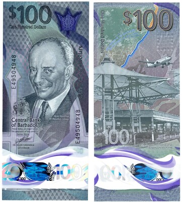 2024 Barbados 100 Dollar Banknote P85 b UNC Polymer New Date Signature ...