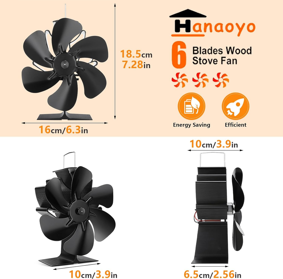 Wood Stove Fan Heat Powered 6 Blade Fireplace Fan with Thermometer ...