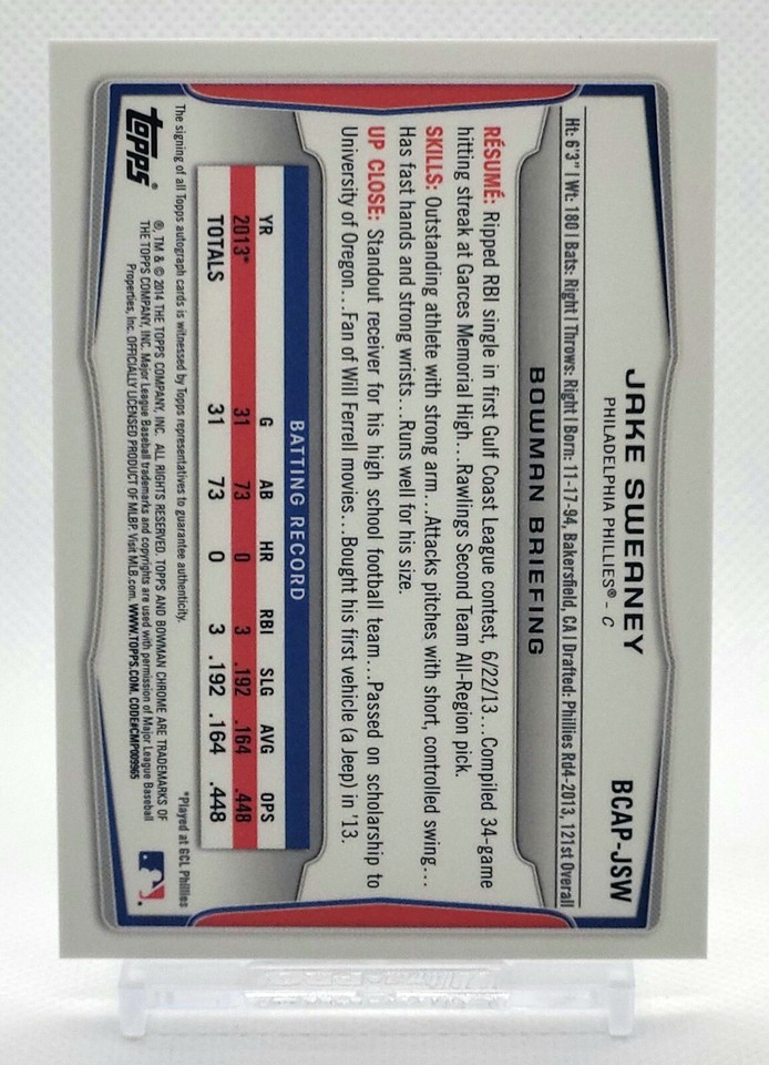 2014 Bowman Chrome Prospects Jake Sweaney Auto #BCAP-JS | eBay