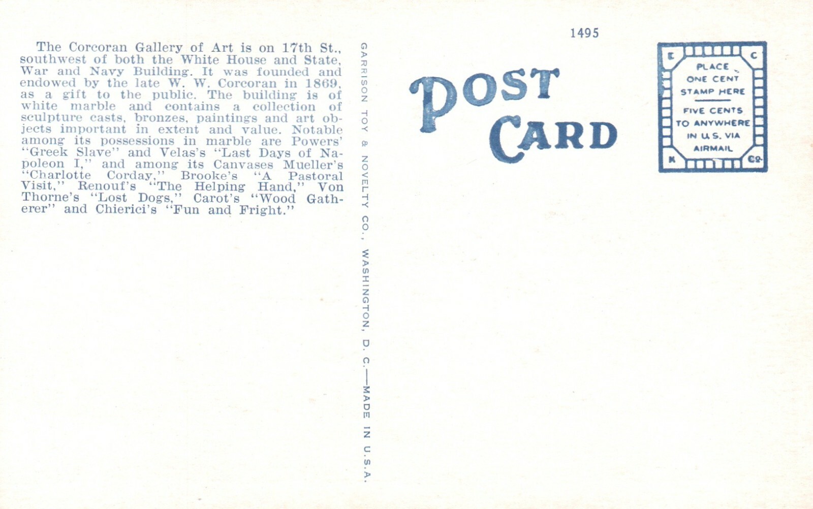 Postcard Washington DC Corcoran Gallery of Art White Border Vintage PC ...
