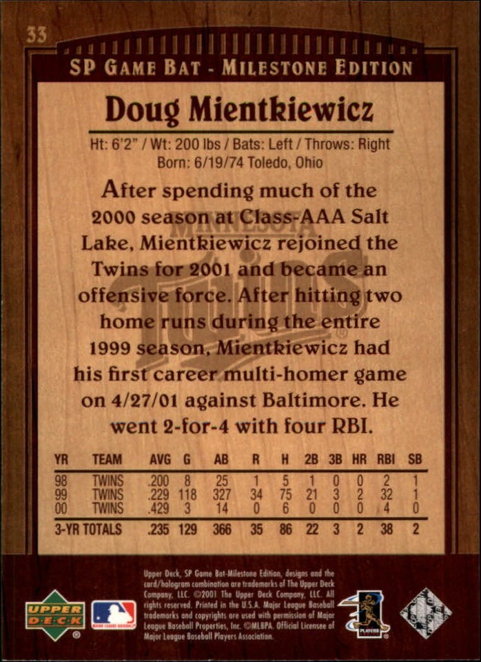 2001 (TWINS) SP Game Bat Milestone #33 Doug Mientkiewicz | eBay