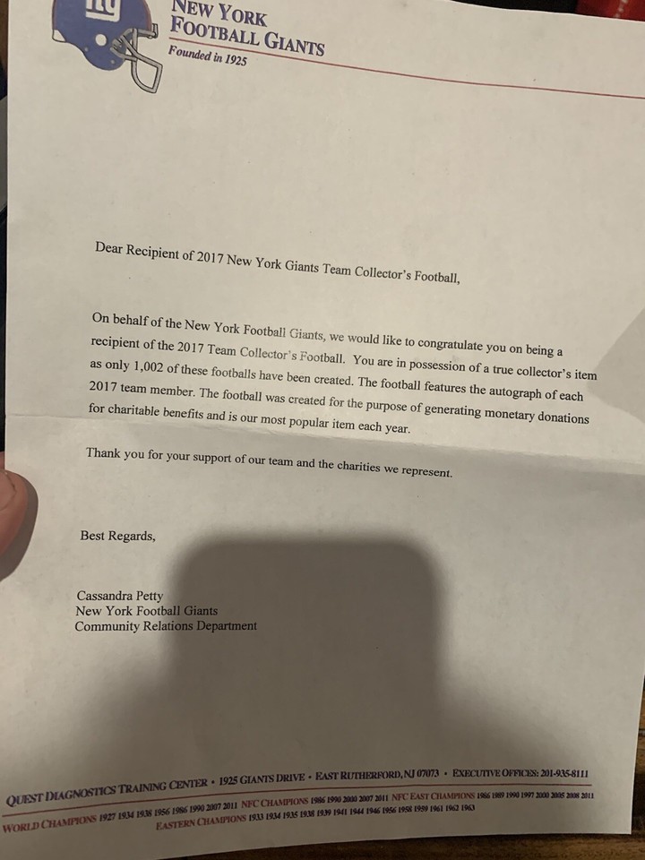 2017 NEW YORK GIANTS TEAM Signed Football Team COA /1002 RARE OBJ Eli ...