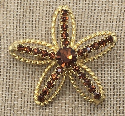 Vintage Textured Gold Tone Root Beer Colored Rhinestone Floral Flower ...