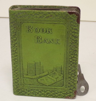 Book Coin Bank, Vintage Metal Green Locking Mechanical Piece w/ Key ...