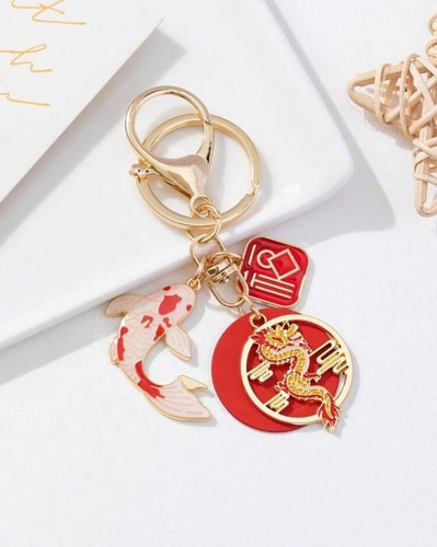 Lucky Dragon Year Koi Fish Keyring Red Gold Charm Keychain Bag Bling ...