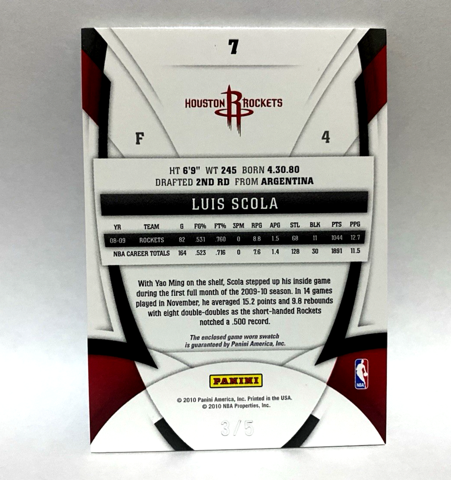 2009-10 Panini Certified Mirror Green /5 Jersey Patch 3 CLR Luis Scola ...