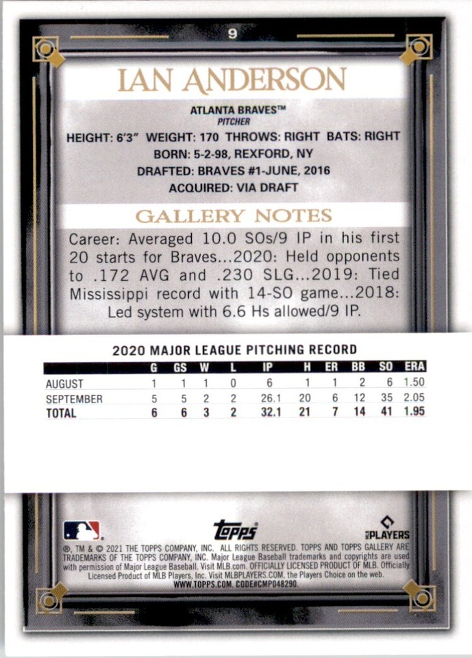 2021 Topps Gallery Ian Anderson Rookie Atlanta Braves #9 | eBay