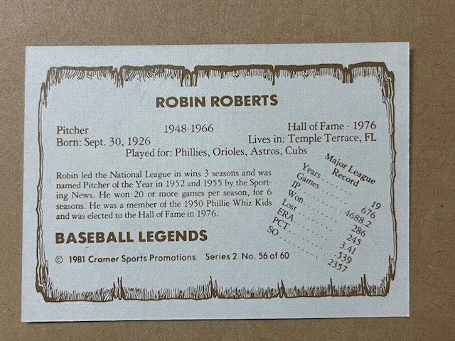Robin Roberts ~ Vintage 1980 Cramer Sports Promotions "Baseball Legends ...