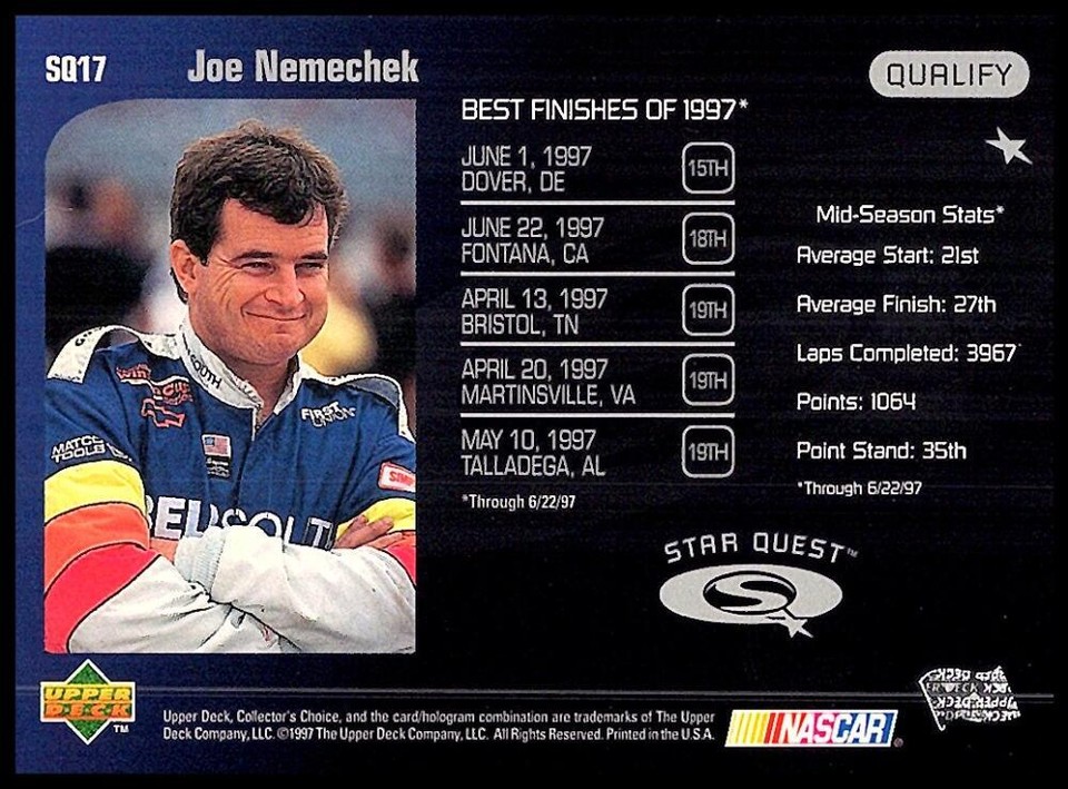 1998 Upper Deck Collector's Choice Joe Nemechek Star Quest #SQ17 SABCO ...