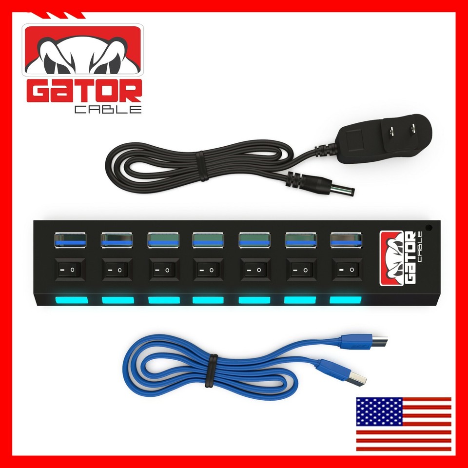 USB 3.0 Hub Charger Switch Splitter Powered AC Adapter 7 Port PC Laptop ...