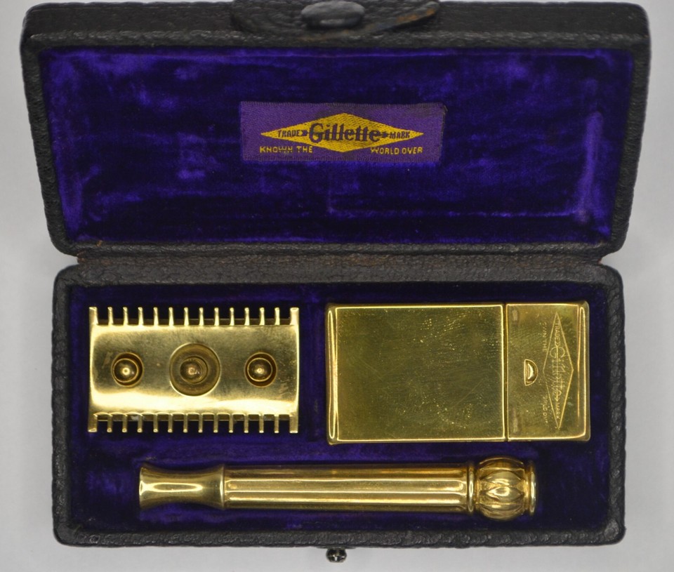 RARE Vintage Gillette ABC Pocket Edition Black Pigskin Safety Razor Set ...