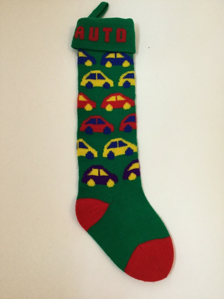 Vintage Knit Christmas Holiday Stocking Auto Cars Green Blue Yellow Red ...