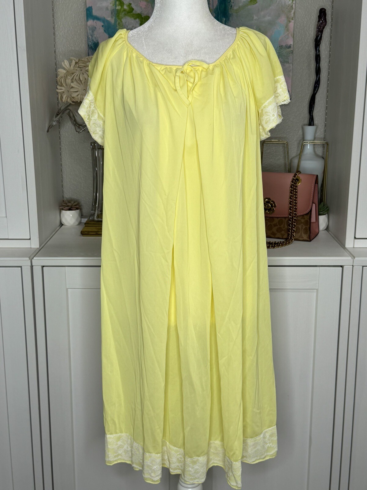 1960s Nursing Gown Sleepware Yellow Lace Peekaboo Bos… - Gem
