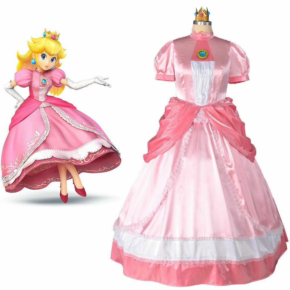 Princess Peach Plus Size Cosplay Costume Pink Punk Dress + Crown ...