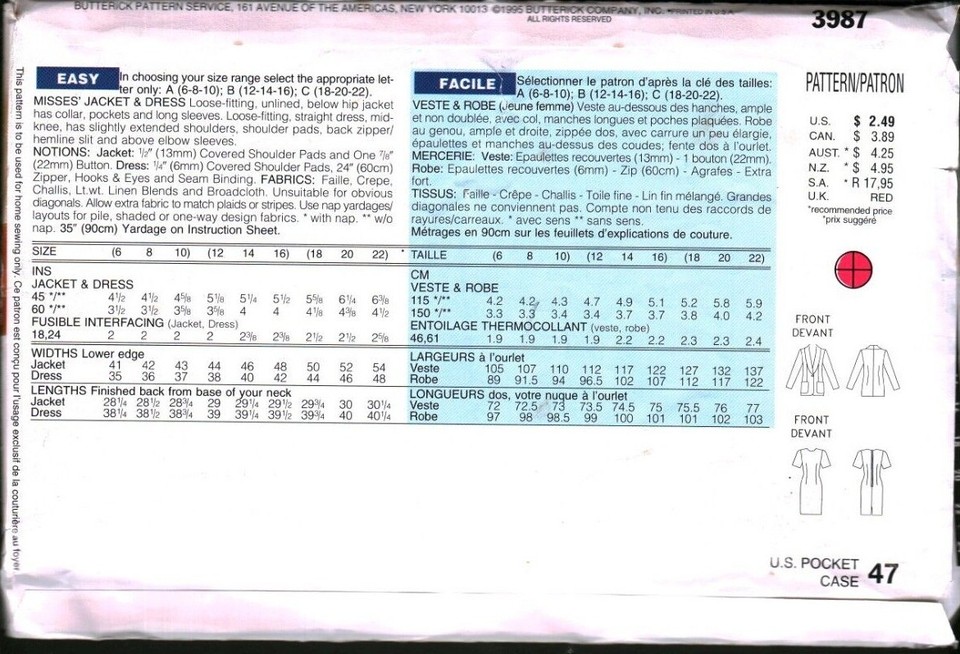 3987 Vintage Butterick Sewing Pattern Misses 1990s UNCUT Loose Fit ...
