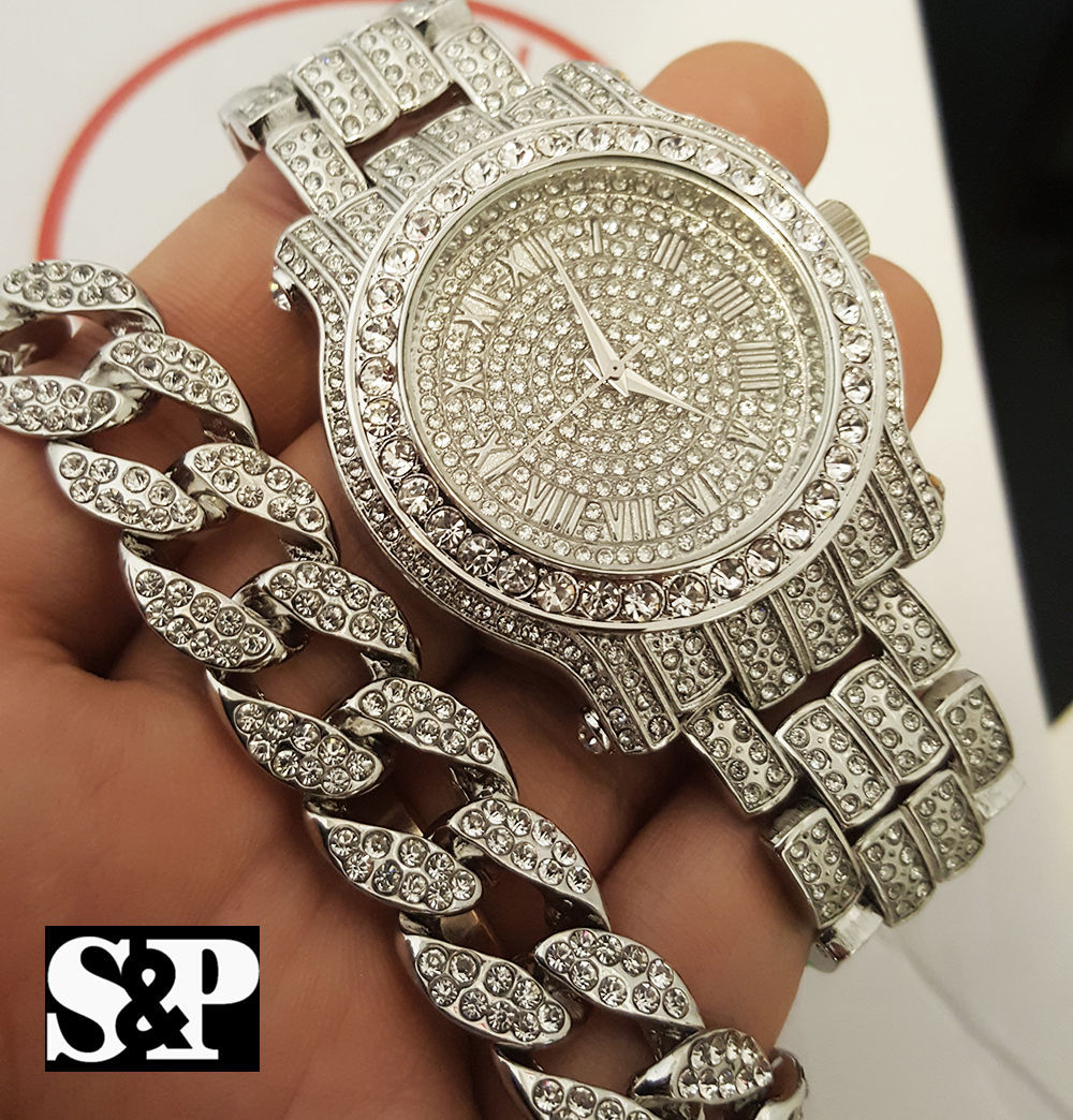 MEN HIP HOP ICED RAPPER CZ WATCH & STAINLESS STEEL RING & BRACELET ...