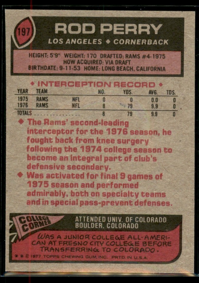 1977 Topps Rod Perry Los Angeles Rams RC #197 | eBay
