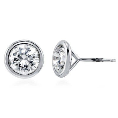 7MM Round CZ Bezel Set Screw Back Stud Earrings In 925 Sterling Silver ...