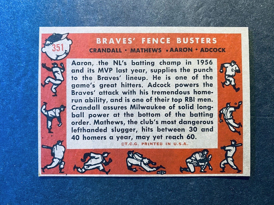 1958 Topps Baseball Braves Fence Busters Aaron, Mathews Card #351 Hall ...