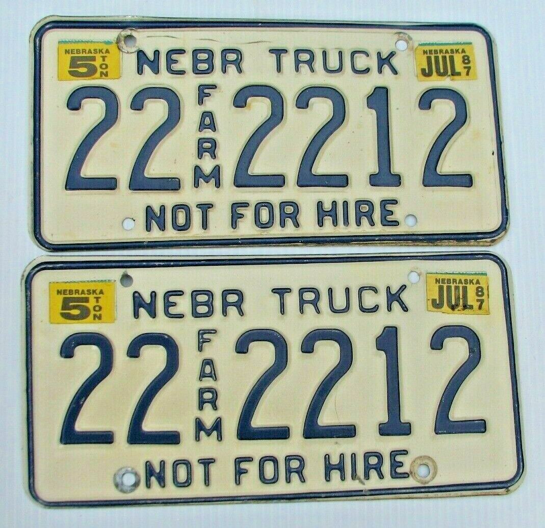NEBRASKA FARM NOT FOR HIRE LICENSE PLATE PLATES MATCHING PAIR " 22 2212 ...