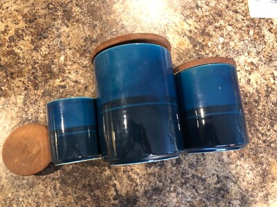 Set 3 BLUE Ceramic Kitchen Canisters/Jars with Wood Lids ITALIAN ...