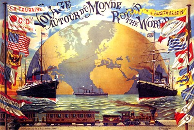 TRAVEL AROUND THE WORLD VOYAGE TRANSATLANTIC SHIP TRAIN VINTAGE POSTER ...