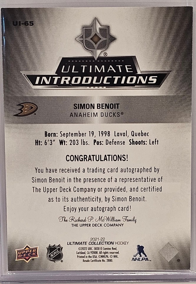 2021-22 Ultimate Collection Rookies Introductions Simon Benoit Auto UI ...