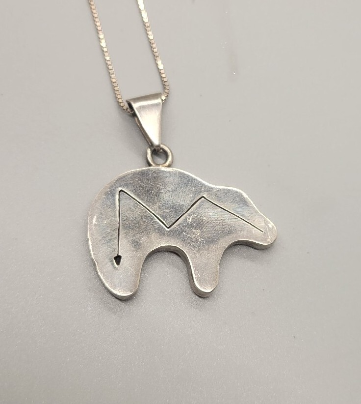 Large Sterling Zuni Native American Bear Pendant - Gem