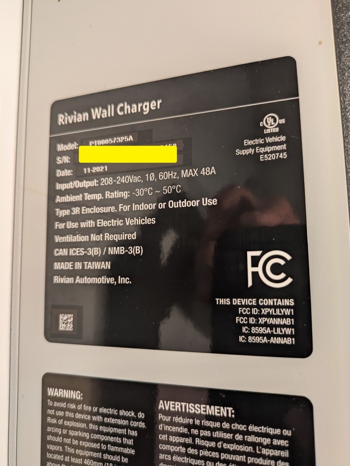 Rivian PT00057325A 48A Level 2 Type 1 J1772 Wall Home Charger 240V EVSE ...
