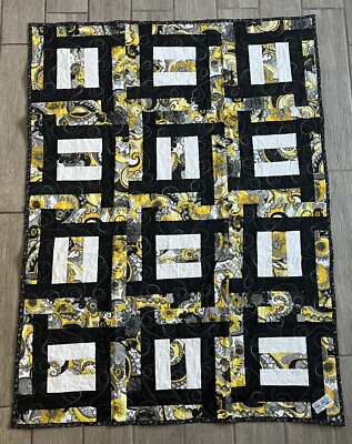Handmade Custom Lap Quilt 54” x 40” Yellow Black Floral Patchwork ...