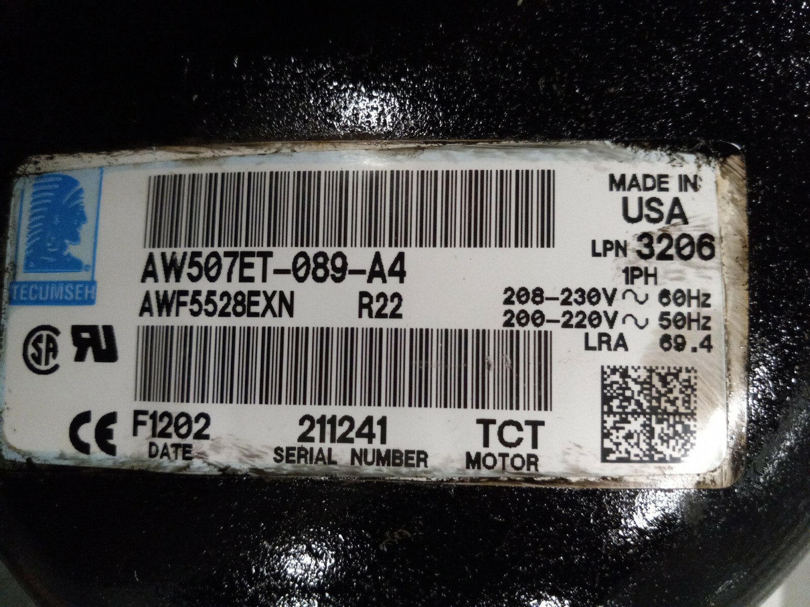 Tecumseh compressor AW507ET-089-A4 AWF5528EXN 1 PH, 28,000 BTU, R22 ...