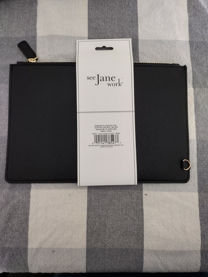 See Jane Work, Black Clutch Pouch. Slim Faux Leather 9x6.5” | eBay