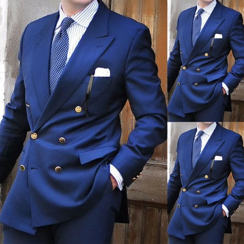 Blue Men Double Breasted 2 Piece Business Prom Groom Tuxedo Wedding ...