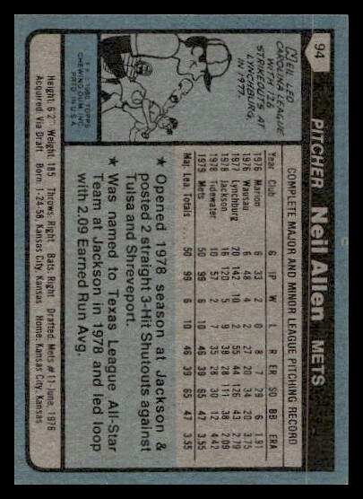 1980 Topps #94 Neil Allen New York Mets Baseball card | eBay