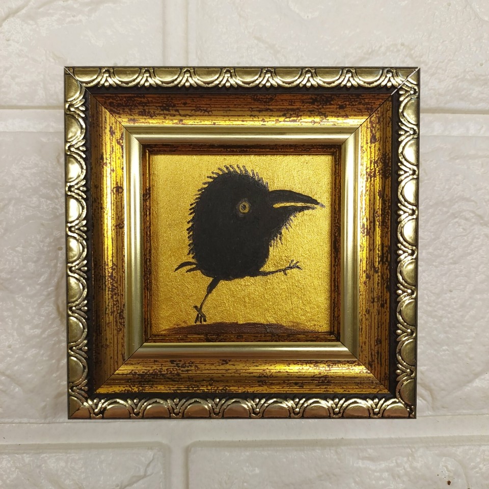 Crow Painting Bird Oil Painting Running Raven Wall Art Golden Painting ...
