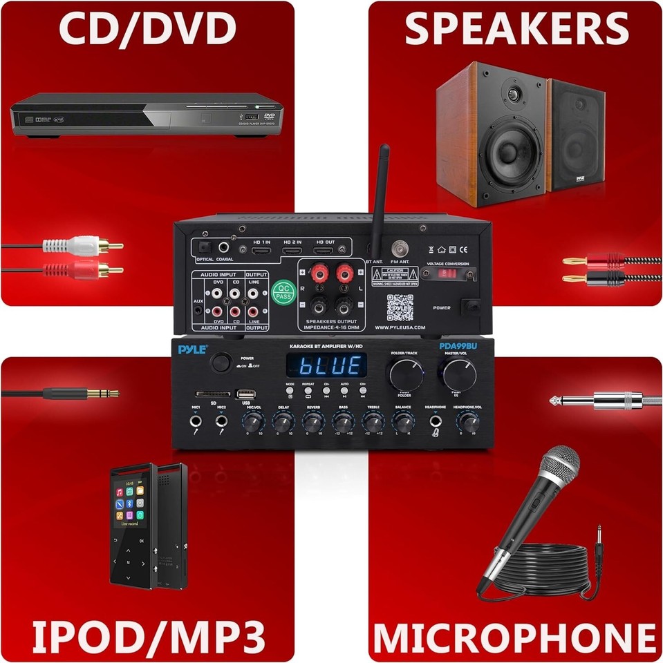 Pyle Wireless BT Streaming Amplifier 300W Multi-Channel 8 DSP Effects ...