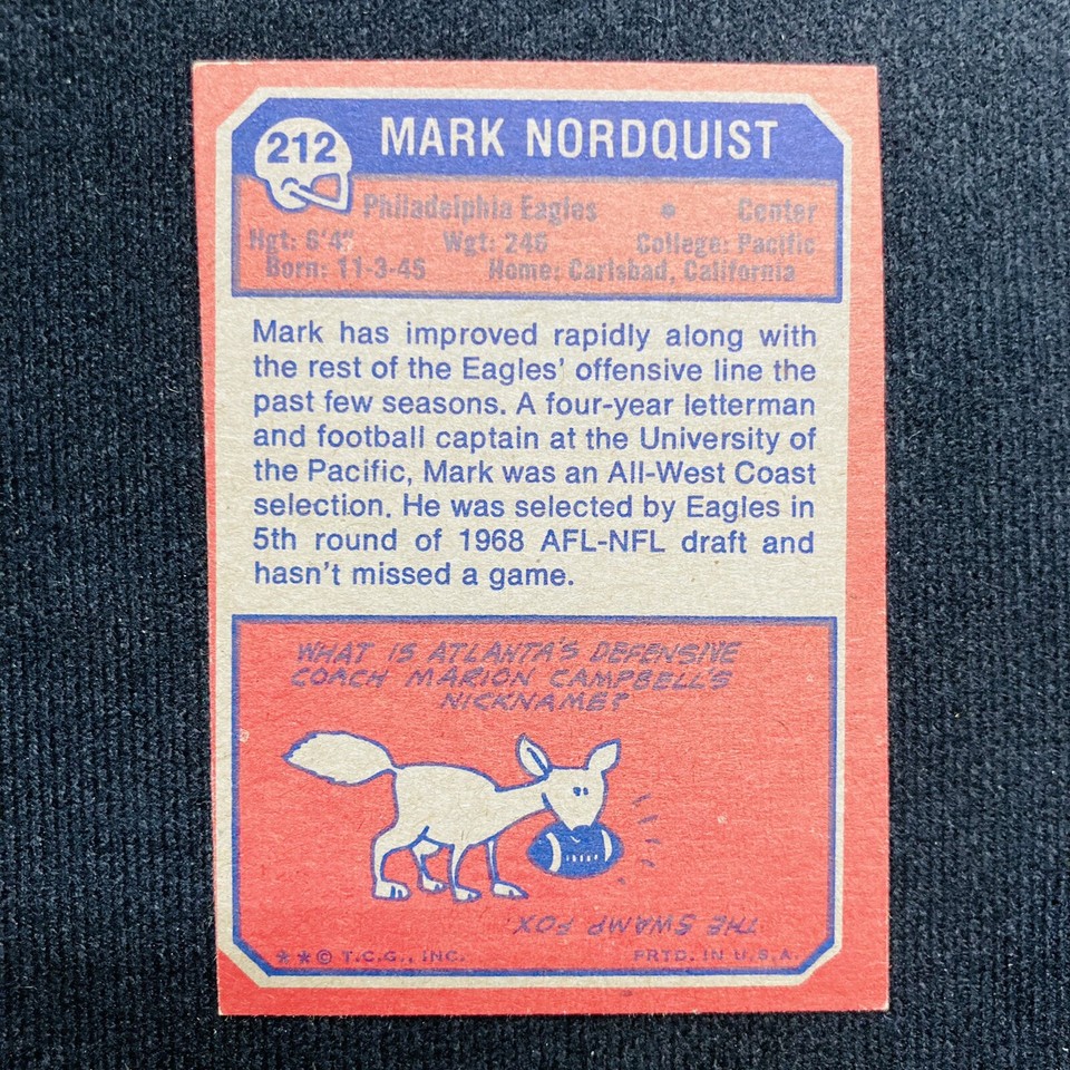VTG‼ 1973 Topps MARK NORDQUIST #212 Philadelphia Eagles • EUC‼ •SHIPS ...
