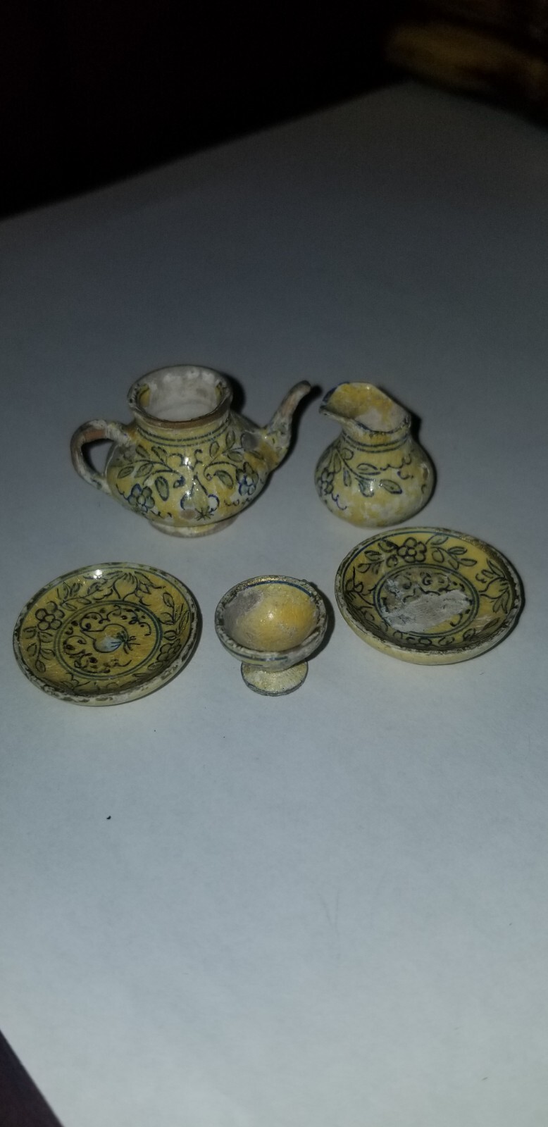 Antique German blue onion treenware wood tea SET DOLLHOUSE MINIATURE ...