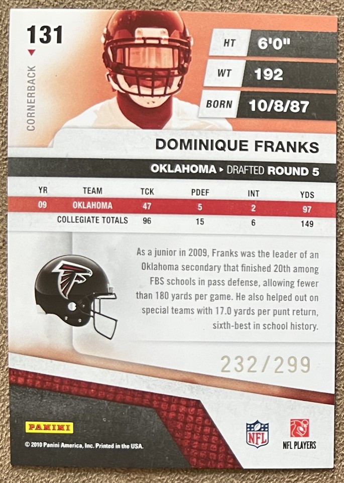 Dominique Franks 2010 Absolute Memorabilia Rookie #131 /299 Falcons ...