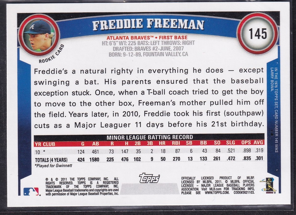 2011 Topps #145 Freddie Freeman Atlanta Braves Rookie Baseball Card | eBay