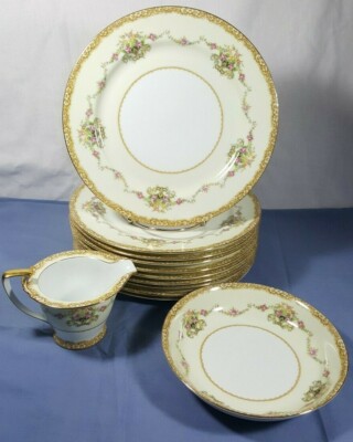 NORITAKE Japan Gold Rim Vintage Creamer Bowl Dinner Plates 'M' Pattern ...