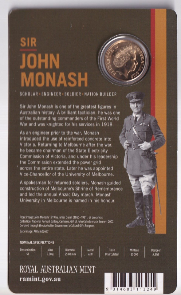 AUSTRALIAN: 2018 $1 SIR JOHN MONASH UNC COIN ON CARD #M1247 | eBay