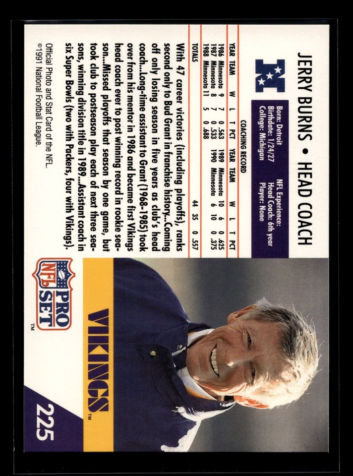 225 ~ Jerry Burns CO ~ 1991 Pro Set ~BASE~EX~FTB | eBay