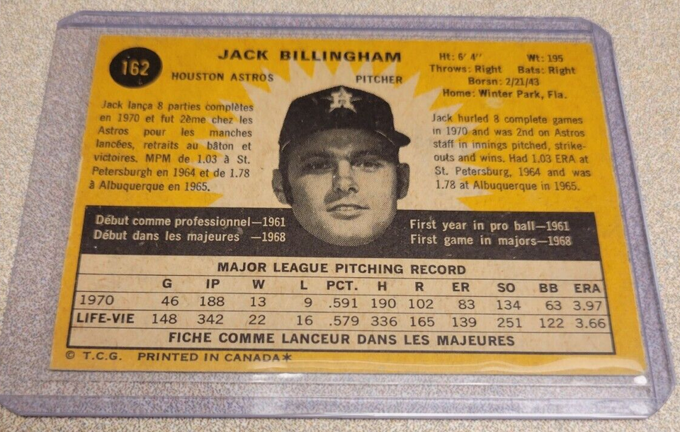 JACK BILLINGHAM SIGNED 1971 O-PEE-CHEE OPC BASEBALL CARD #162 TTM AUTO ...