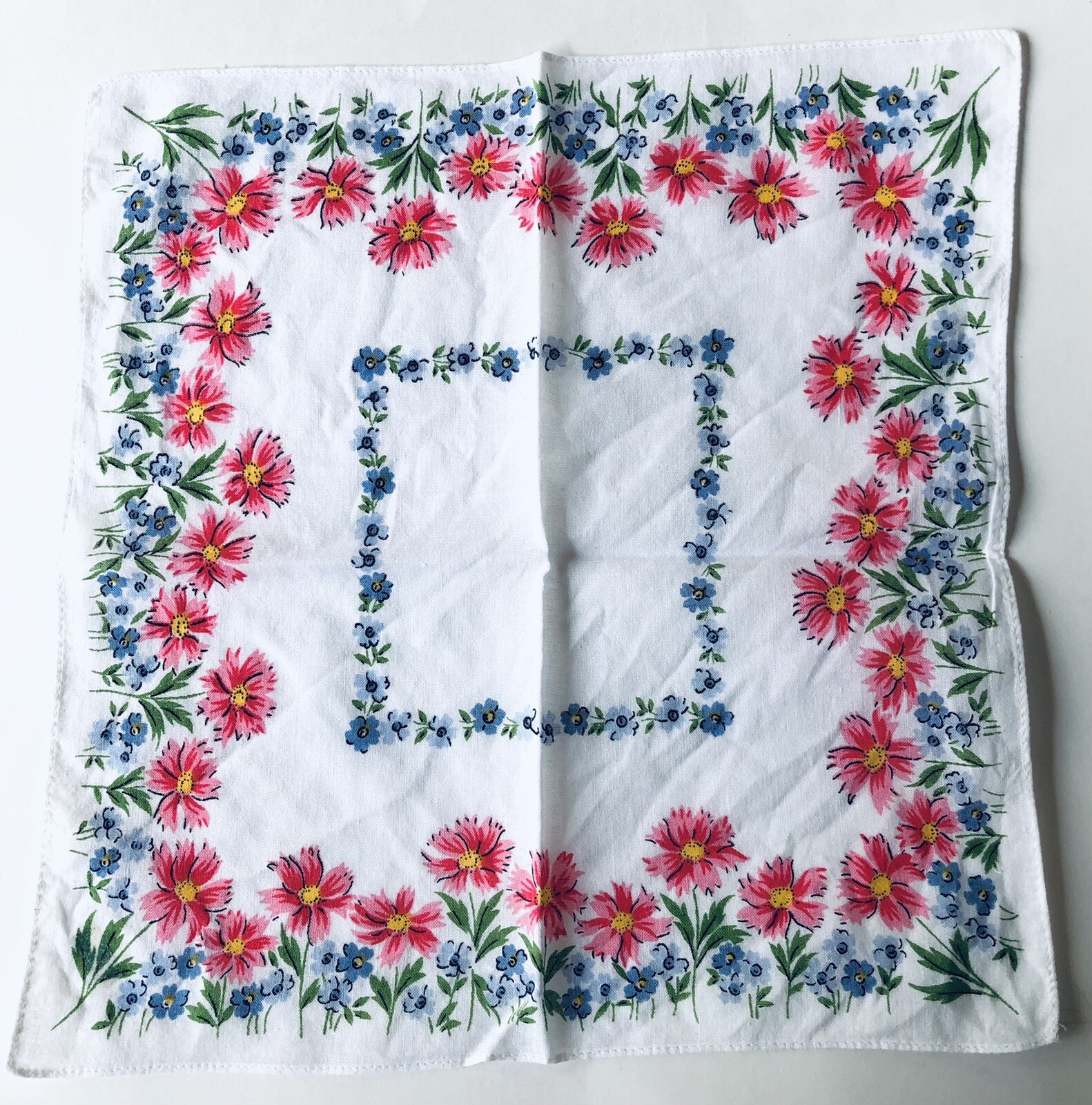 Vintage White Hanky Handkerchief with Red and Blue Fl… - Gem