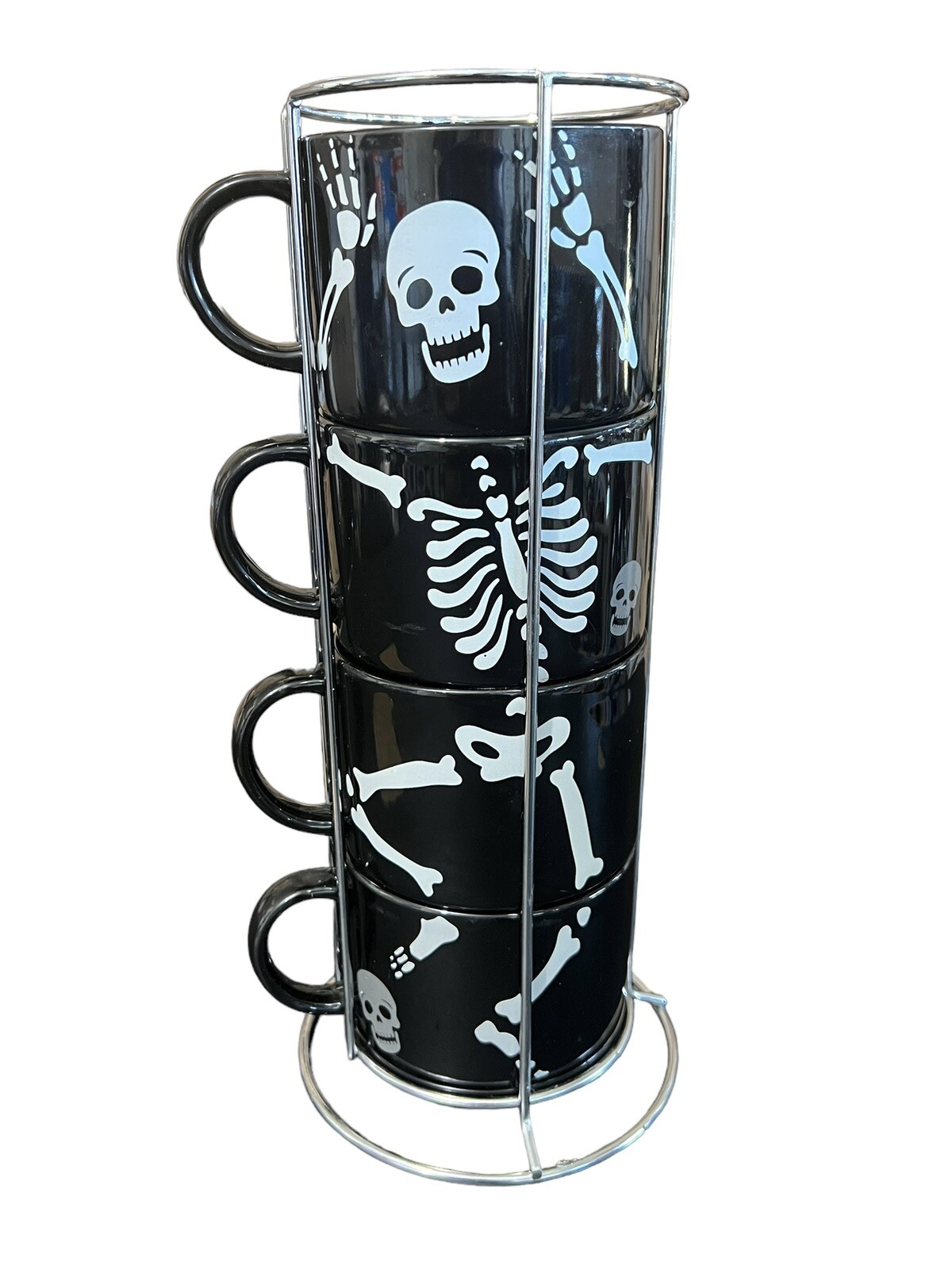 Skeleton Bones Stackable Coffee Mugs With Metal Rack Scary Skull Prints ...